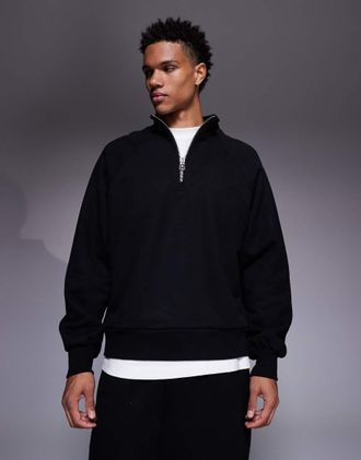 Asos Premium - Schweres Oversize-Sweatshirt in Schwarz mit kurzem Rei&szlig;verschluss, 650 g/m&sup2;