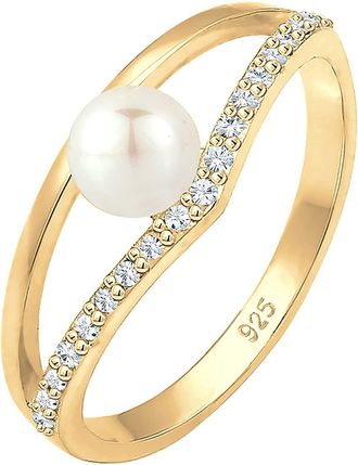 Elli Ring Damen Elegant Süßwasserzuchtperle mit Kristalle in 925 Sterling Silber vergoldet