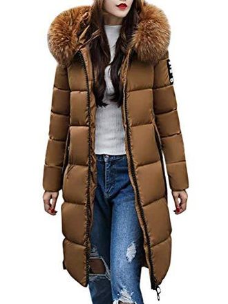 ORANDESIGNE Doudoune Longue Manteau Femme Zippé Amincissant épais Chaud avec Col Fourrure Comfortable avec Capuche Longue Parka Blouson Grande Taille Café FR 40