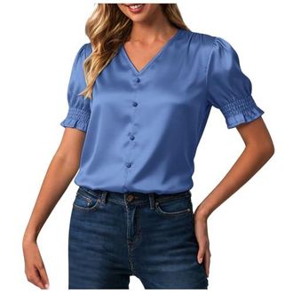 Generic Chemisier en satin &eacute;l&eacute;gant pour femme - Col en V - Manches courtes - Tunique d&eacute;t&eacute; - &Eacute;l&eacute;gant et ample - Manches courtes - D&eacute;contract&eacute; - Soyeux - Satin,
