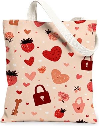 Generic Sacs fourre-tout r&eacute;utilisables en toile motif de coeur pour la Saint-Valentin, l&eacute;gers et lavables, p&ecirc;che, 13x15 Inch