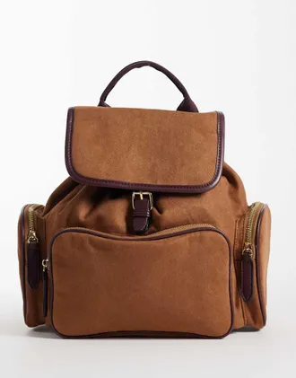 Accessorize Sac &agrave; dos en su&eacute;dine &agrave; poches multiples - Camel-noir