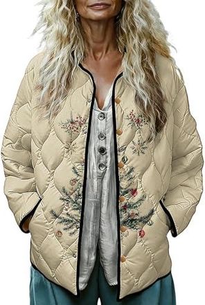 Generic Veste matelassée avec motif darbre de Noël imprimé graphique pour femme avec motif festif, veste rembourrée rétro boutonnée à col montant pour lhiver,