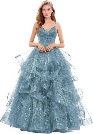 Generic Robe de bal en tulle pailleté avec col en V et bretelles spaghetti, robe de demoiselle dhonneur, robe de soirée formelle longue à étages, Bleu poudré 