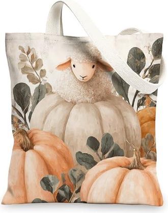 Generic Jolis sacs fourre-tout en toile, adorables motifs moutons, citrouilles, sacs dépicerie réutilisables, légers et lavables avec bandoulière pour salle d