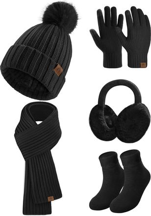Heekpek Mütze Schal Handschuhe Ohrenschützer und Socken Set Damen 5 Stücke Warme Wintermütze Winterschal Strick Winterzubehör Winterset 5 in 1, Schwarz