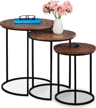 Relaxdays Satztisch, 3er Set, Mangoholz, Eisen, runder Beistelltisch, Wohnzimmer, Flur, Deko, Couchtisch, braun/schwarz