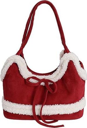 Generic Sac &agrave; bandouli&egrave;re en cuir synth&eacute;tique pour femme et fille, sac &agrave; main en laine dagneau pour voyage, shopping, travail, usage quotidien, Rouge, 10.24x4