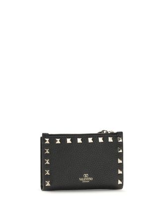 Valentino Garavani Womens Rockstud Zip Card Holder Nero Calf Leather Bos Taurus Wallet
