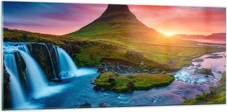 Arttor Wandbilder Dekoration Wohnzimmer Sonnenuntergang Wasserfall Island Vulkan Panorama Bilder auf Glas 120x50cm Glasbild Schlafzimmer Küche Wand Kunstdruc