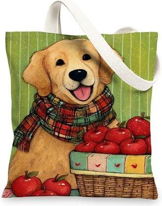 Generic Sacs fourre-tout en toile motif chien mignon, adorable imprimé animal, sacs dépicerie réutilisables, légers et lavables avec bandoulière, vert, 13x15 