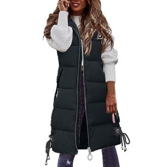 Generic Manteau d&eacute;contract&eacute; uni &agrave; capuche avec poche zipp&eacute;e pour femme Veste ample sans manches Manteau long pour femme V&ecirc;tements d&eacute;contract&eacute;s, Noir, 4XL