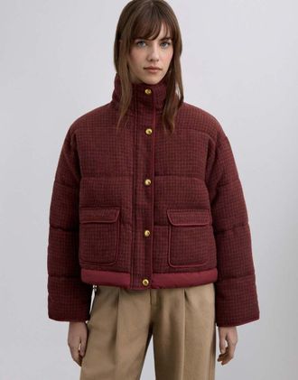 Scalpers Karierte, kurze Pufferjacke in Terrakotta-Neutral