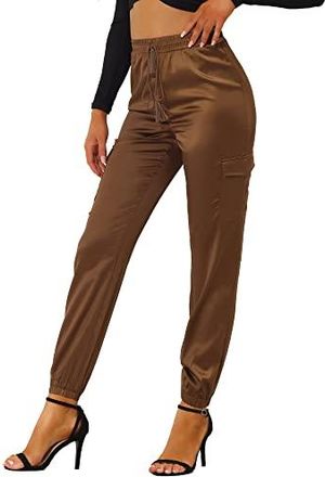 Allegra K Pantalon Cargo &eacute;lastique Taille Haute en Satin Soyeux avec Cordon de Serrage pour Femmes Caf&eacute; L
