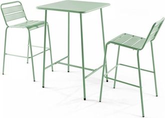 Oviala Oviala - Ensemble table de bar et 2 chaises hautes en m&eacute;tal vert sauge - Palavas