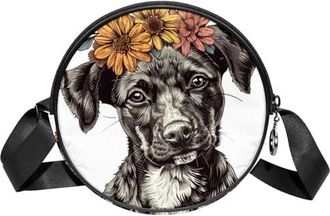 Generic Petit sac &agrave; bandouli&egrave;re rond pour femme, motif fleurs de chien, sac &agrave; dos avec fermeture &eacute;clair, bretelles r&eacute;glables, sac &agrave; main rond d&eacute;contract&eacute; pour
