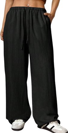 SOLY HUX Damen Weite Hosen Lang Große Größen Freizeithose Einfarbig Palazo Pants Hohe Taille Caualhose Jogginghose mit Taschen Schwarz 2XL