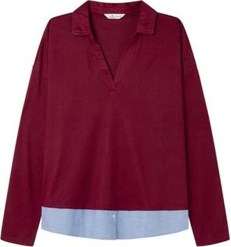 Springfield Long Sleeve Knitted Polo with Woven Bottom and V Neck Manches Longues, Rouge Bordeaux, S Femme