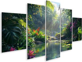 Islandburner Prime Bild auf Leinwand Tropischer Dschungel mit Wasserfall und Blumen Bilder Wandbilder Poster