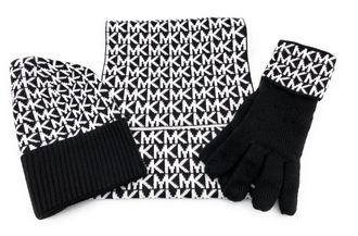 Michael Kors SET I Schal/M&uuml;tze/Handschuhe I Hat/Scarf/Gloves I Weiche Acrylwolle I Logo I Goldener Geschenkkarton I (Schwarz)