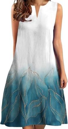 Ocean Plus Robe dété Élégante Imprimée pour Femme avec Jupe Large sans Manches et Robe Mi-Longue (L, Bleu Eau Blanc)
