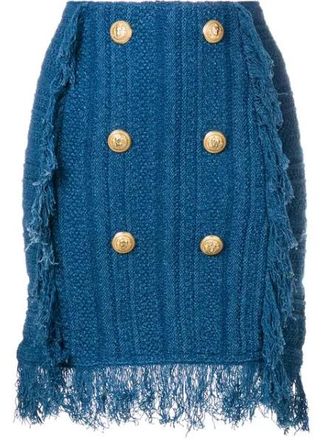 Balmain Frayed Button-embellished Tweed Mini Skirt In Blue Size XS