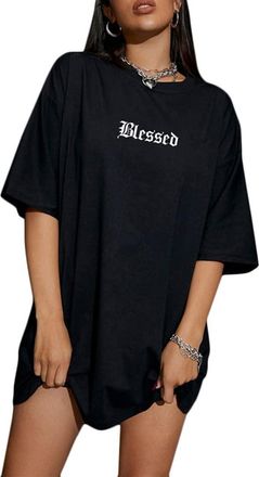 TOMWELL Damen Langes T-Shirt mit Buchstaben Grafik Kurzarm Sport Oberteile Sommer Oversize Tshirt Rundhals Casual Longshirt E Schwarz XXL