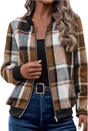 Generic Veste d&eacute;contract&eacute;e pour femme 2025 tendance d&eacute;contract&eacute;e &agrave; fermeture &eacute;clair en flanelle &agrave; carreaux &agrave; manches longues Baggy Manteau dautomne manteaux e