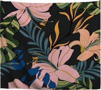 A.Monamour Wandteppich Tropische Rosa Blüten Blätter Pflanze Auf Dunklem Hintergrund Stoff Tuch Tapisserie Wandbehang Wanddeko Wandkunst Wandbilder Wandtuch für 