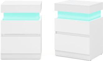 Vasagle Table de Chevet Moderne avec LED, Lot de 2, Table dAppoint, 2 Tiroirs, Multiprise Int&eacute;gr&eacute;e, 35 x 40 x 55 cm, Blanc