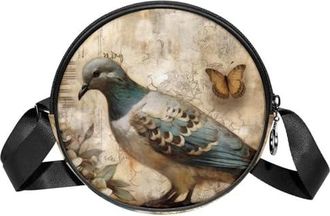 Generic Petit sac &agrave; bandouli&egrave;re rond pour femme, motif pigeon, vintage, avec fermeture &eacute;clair, bretelles r&eacute;glables, sac &agrave; main rond d&eacute;contract&eacute; pour femmes et