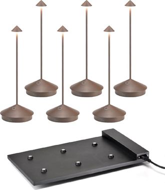 Zafferano Pina Pro Rostbraun 6er Set, Wiederaufladbare Kabellose LED Tischlampe, Touch Control, Dimmer 2200-3000 K, H&ouml;he 29 cm, mit 6er Ladestation