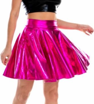 Generic Mini jupe patineuse &eacute;vas&eacute;e en cuir m&eacute;tallique brillant pour femme, jupe patineuse pliss&eacute;e taille haute pour festival, spectacle, f&ecirc;te, tenue iris&eacute;e fl