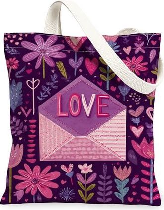 Generic Sacs fourre-tout en toile florale, motif lettre damour, sacs d&eacute;picerie r&eacute;utilisables, sacs d&eacute;picerie printaniers boh&egrave;mes, l&eacute;gers et lavables avec band