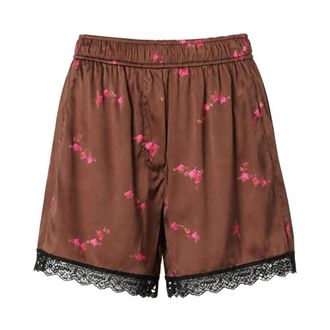 Ganni Bedruckte Shorts aus sandgewaschenem Seidensatin mit Spitzenbesatz - - Shorts - Damen - Braun - S
