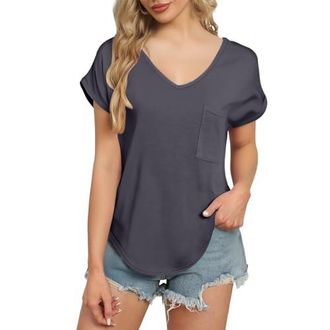 Generic T-shirt d&eacute;contract&eacute; &agrave; col en V et poche pour femme, coupe ample, manches courtes, chemisier doux et l&eacute;ger pour un usage quotidien en &eacute;t&eacute;, gris fonc&eacute;, 