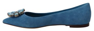 Dolce & Gabbana Womens Crystal-Embellished Suede Flat Blue Leather