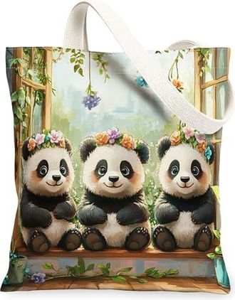 Generic Sac fourre-tout en toile motif panda printanier pour faire du shopping, 33 x 38,1 cm, motif floral en pot, r&eacute;utilisable, sac d&eacute;picerie pour femme, pei