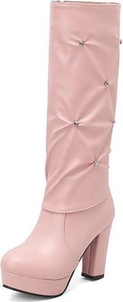 Generic Bottes &agrave; talon haut pour femme avec semelle compens&eacute;e et bout rond - Fermeture &eacute;clair lat&eacute;rale - Strass - &Eacute;l&eacute;gantes et d&eacute;contract&eacute;es, rose, 37.5 EU