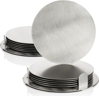 Com-Four 14-teiliges Untersetzer-Set mit Halterung - Edelstahl Untersetzer für Getränke - runde Stahluntersetzer - silberfarben (014-teilig - silberfarben)