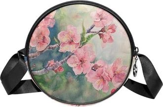 Generic Sac &agrave; bandouli&egrave;re rond pour femme, motif fleurs de p&ecirc;che, petit sac &agrave; dos &agrave; bandouli&egrave;re avec fermeture &eacute;clair, bretelles r&eacute;glables, sac &agrave; main rond d&eacute;