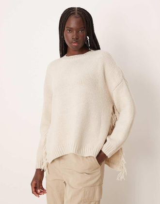 Vila Strickpullover in Creme mit Fransen-Weiß