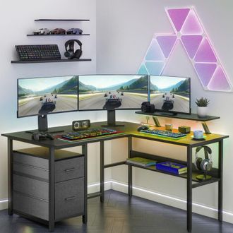 Vasagle Bureau en L avec Multiprise, avec Rehausseur d&Eacute;cran, Bureau Gaming LED, 2 Tiroirs, 2 Ports USB, Facile &agrave; Monter, pour Bureau, Noir