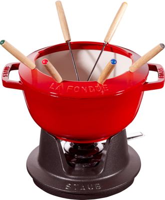 Staub Fondue Set mit 6 Gabeln, Gusseisen, 20 cm, 2,3 l, Geeignet f&uuml;r K&auml;se- Schoko- und Fleisch-Fondue, Kirschrot