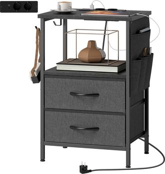 HOMCOM Couchtisch Beistelltisch mit Ladestation, Stahlrahmen, schlanker Wohnzimmertisch mit USB-C-Anschl&uuml;ssen, 2 Stoffschubladen, Haken, Aufbewahrungstasche,