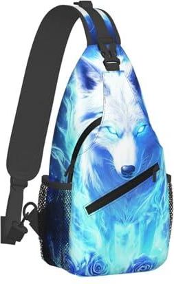 Generic Antivol Sacoche Bandouliere Loup Roses de la flamme de feu bleue Sling Sac &agrave; Bandouli&egrave;re R&eacute;glable Crossbody Bag pour &eacute;cole Randonn&eacute;e Cyclisme