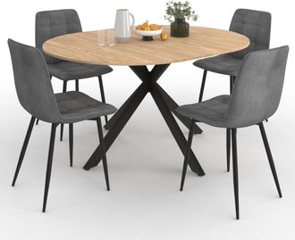 IDMarket Esstisch-Set, rund, ausziehbar, Alix 110-150 cm und 4 St&uuml;hle Mila aus Velours, Dunkelgrau
