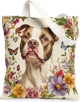 Generic Sac fourre-tout en toile motif chien Pitbull de printemps 33 x 38,1 cm, sac d&eacute;picerie r&eacute;utilisable vintage pour femme, animal de compagnie, peinture d