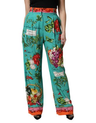 Dolce & Gabbana Womens Green Silk Printed Straight Pants Elastane