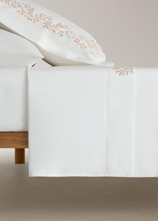 Mango Drap plat percale de coton broderie fleur lit 180/200 cm orange pastel - Home - Lit 180/200 cm - MANGO HOME